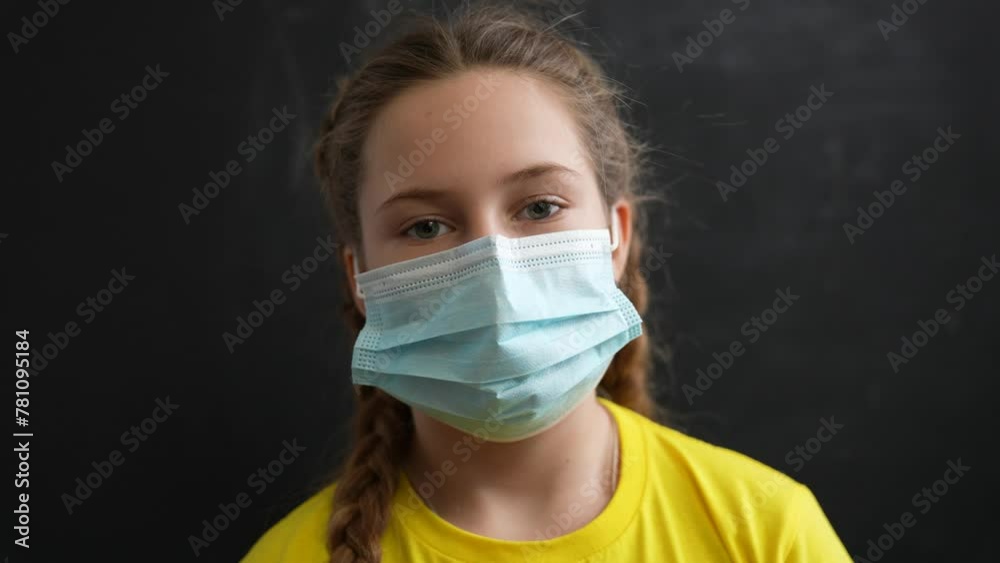 Child portrait in medical mask, eyes hint at concern. Safety mask ...