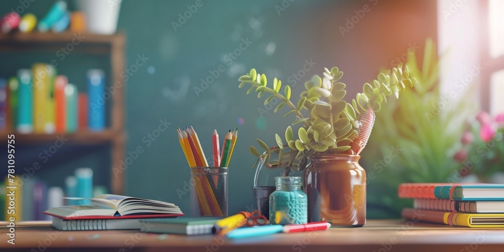 Colorful school supplies on a desk featuring pencils, crayons ...
