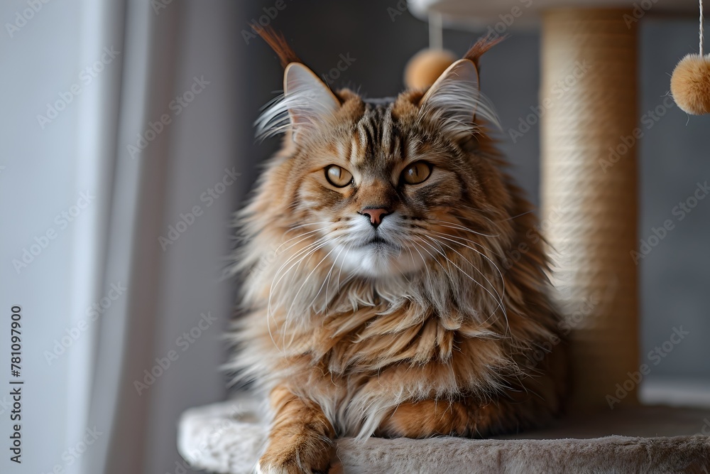 Majestic Maine Coon Cat with a Regal Lion s Mane Sitting Atop Its Perch ...