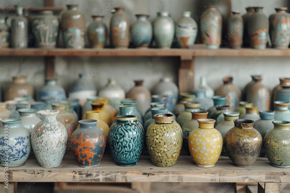 Ceramic pots in a pottery workshop. Background image. Created with ...