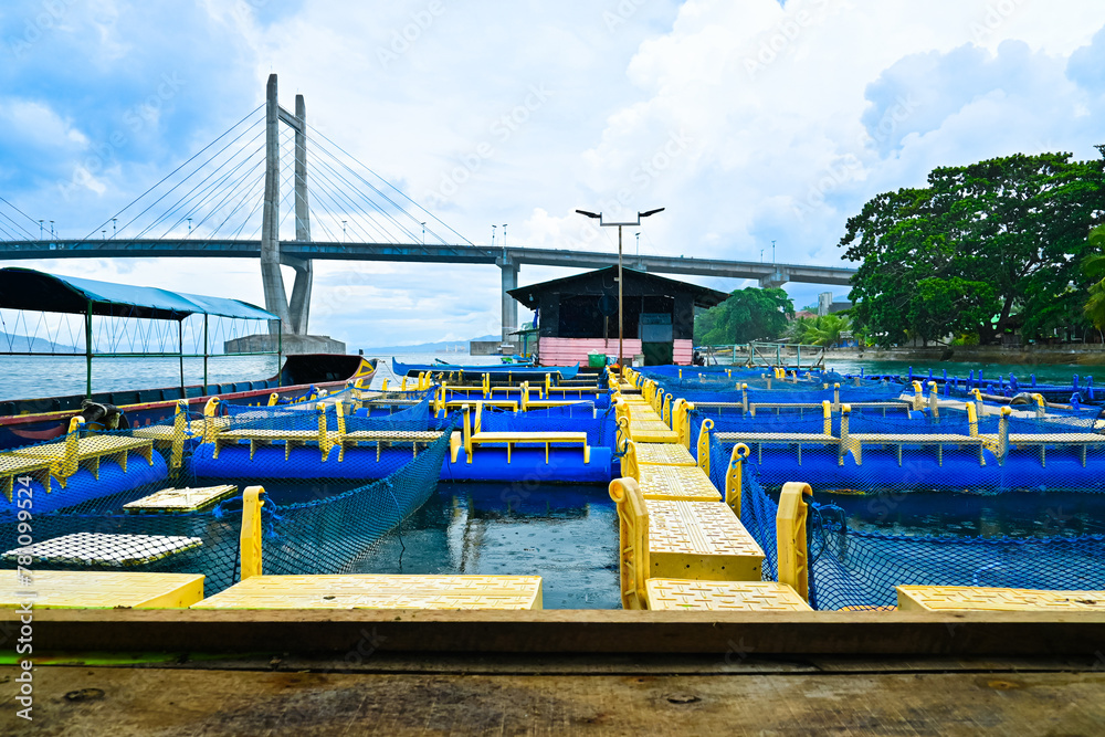 Floating net cages for marine fish farming, in Ambon Bay, Indonesia ...