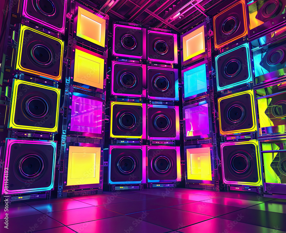 tweeter speaker in 16 squares, bright colors, pop art style a big ...