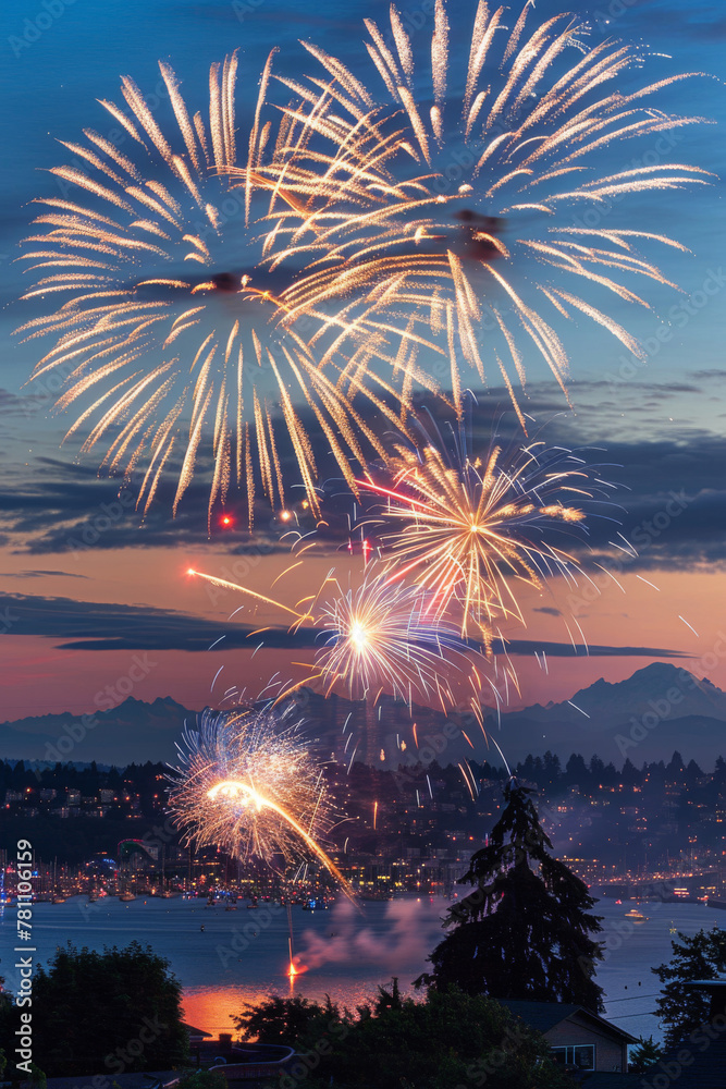Fireworks burst over Seattle, framing majestic Mt. Rainier, ideal for ...