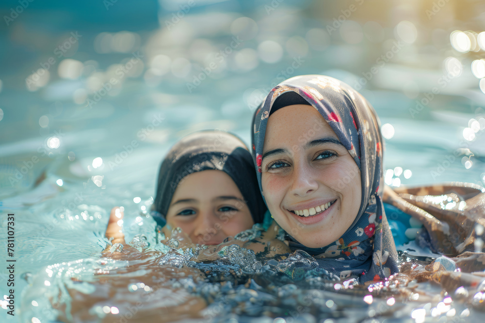 Joyful muslim mother in burkini and child in a pool, sharing a special moment, with sparkling ...