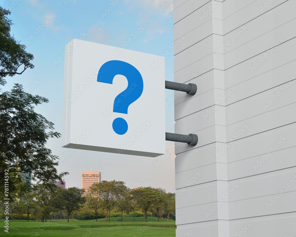 Question mark sign icon on hanging white square signboard over green ...