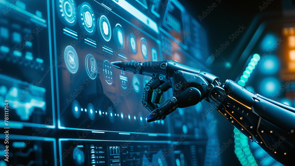 Poster A robotic hand manipulates futuristic graphics, symbolizing the ...
