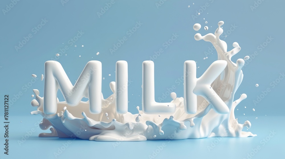 front view, 3D text saying "MILK" made of white milk, splash font, with ...