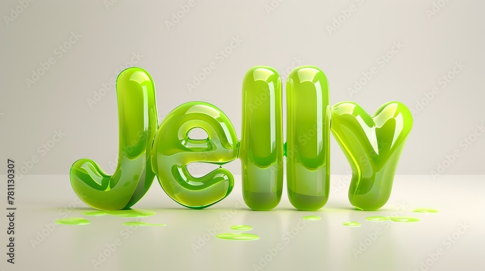 front view, 3D text saying "Jelly" made of lime green jelly, fluid font ...