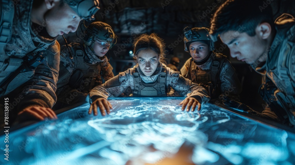 Military group in tactical gear huddled around a high-tech illuminated ...