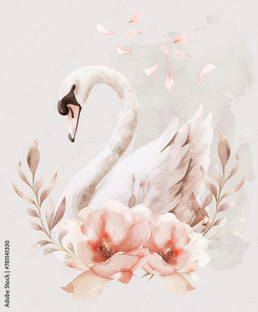Cute cartoon swan with pastel pink flowers, simple watercolor clipart ...