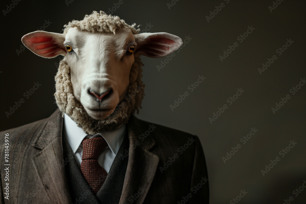 Person in suit and tie with sheep head - symbol of conformity and ...