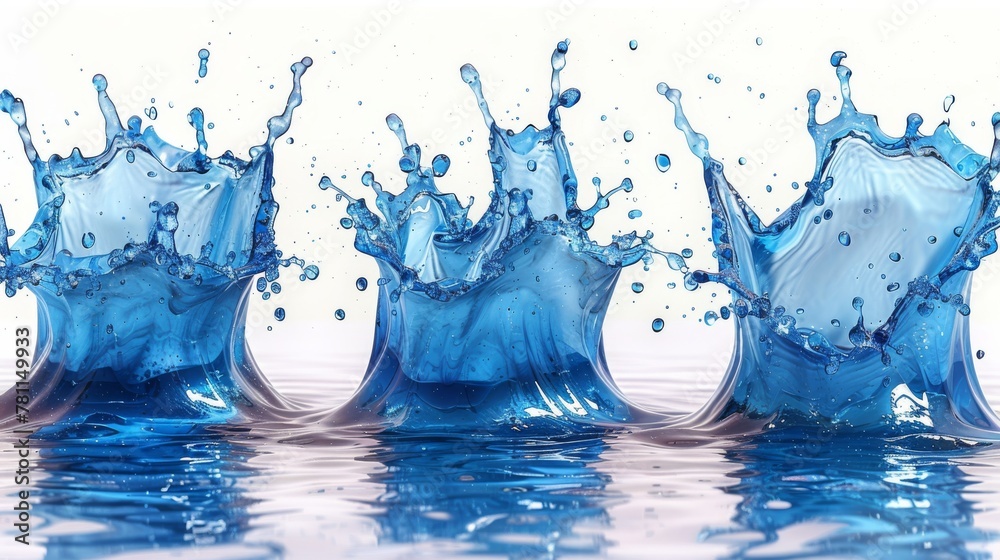 Video effects set with blue water splashes. 2d liquid drops, crowns ...