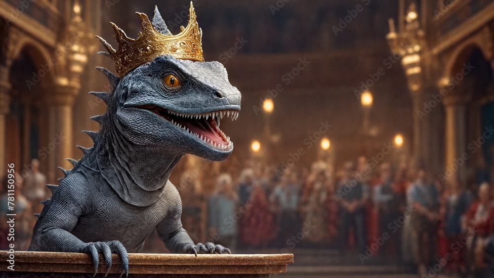 an intelligent grey humanoid lizard without tale with a golden crown on ...