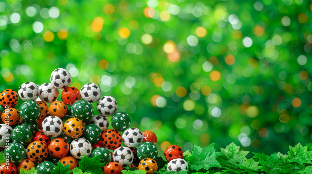 A pile of soccer balls on a green background. The balls are of ...