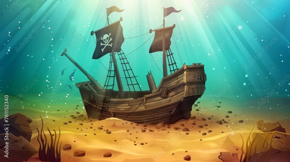 Floating pirate ship, sunken filibuster vessel, wooden boat with jolly ...