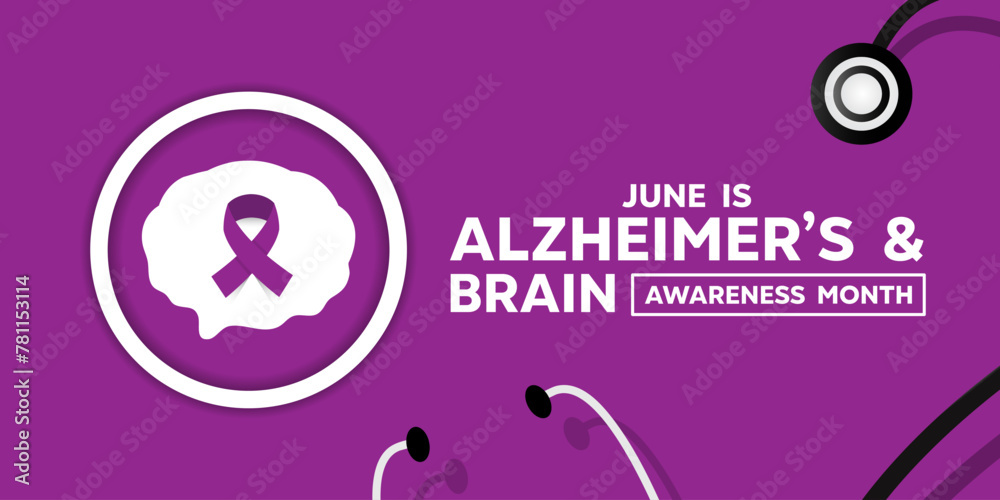 Alzheimers and Brain Awareness Month. Brain, ribbon and stethoscope. Great for cards, banners ...