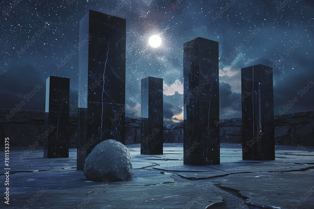 Mysterious Monoliths Under Starry Night Sky, Ancient Mystique with Full ...