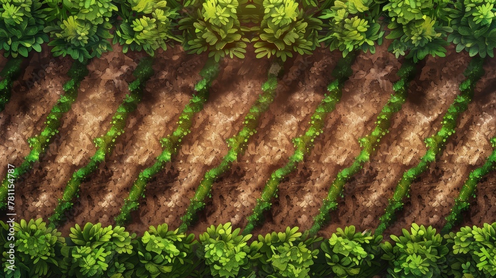 Field with green grass and plowed soil. Modern cartoon background of ...