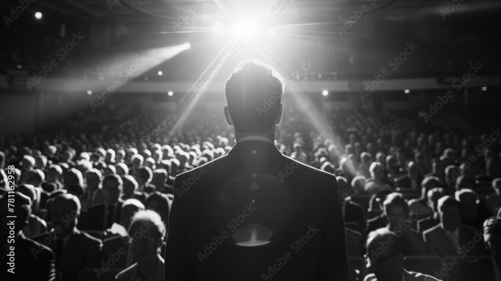 Speaker addressing a packed auditorium from the stage, shot from behind ...
