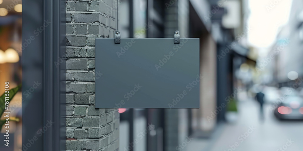 Dark grey hanging blank sign on brick wall in front of blurred street ...