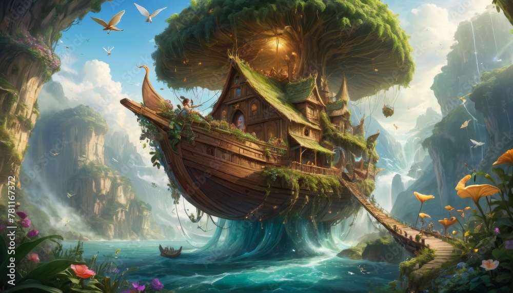 A whimsical digital art of a floating treehouse with a waterfall and ...