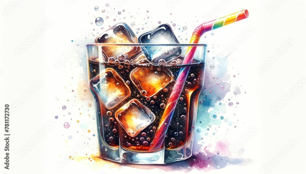 A refreshing glass of cola with bubbling effervescence and ice cubes ...