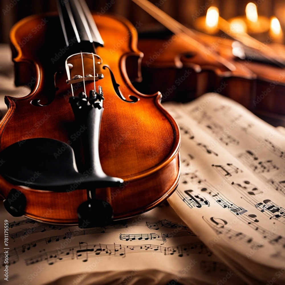 An AI illustration of a violin laying on top of an antique sheet music ...