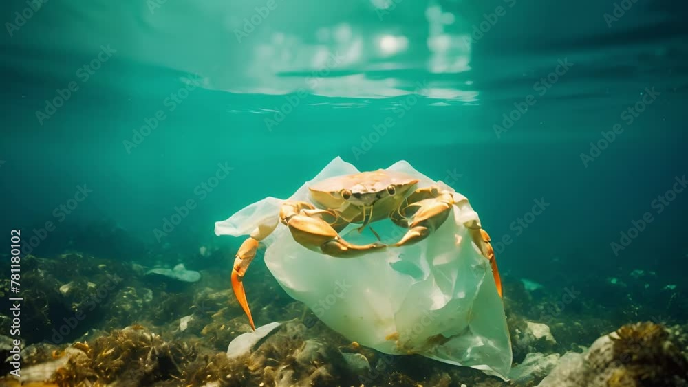 Plastic pollution is an environmental problem in the oceans. Crab stuck ...