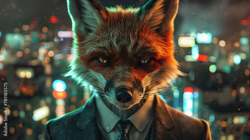 A fox in a sharp suit delivering the evening news, with a backdrop of ...