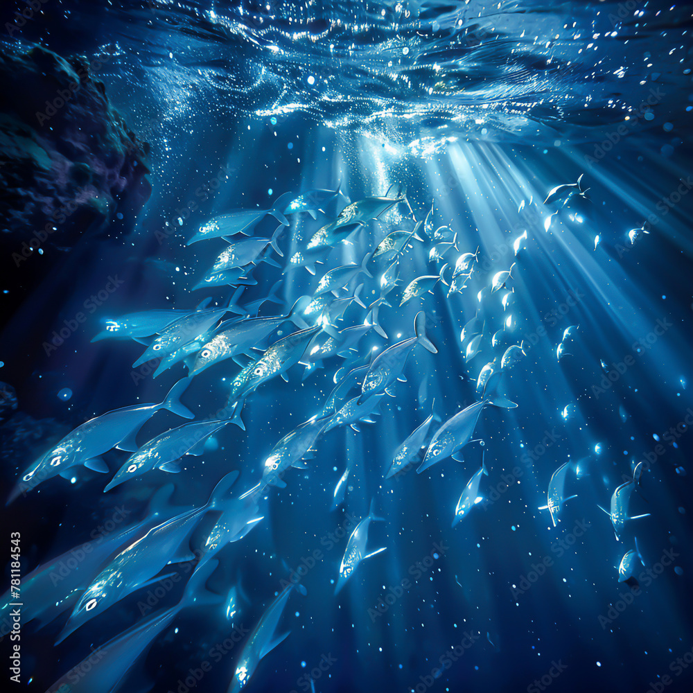 A school of fish swimming in the night sea, leaving trails of light as ...