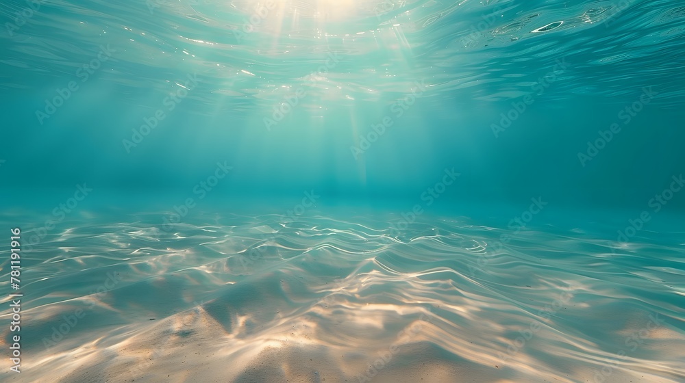 Blue tropical ocean above, seabed sand below, empty underwater ...