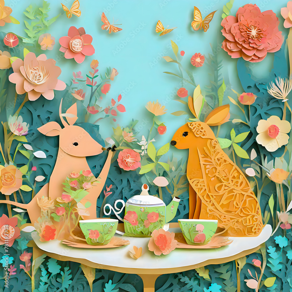 Papercut image of an enchanting garden tea party of cute cartoon ...