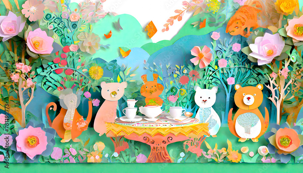 Papercut image of an enchanting garden tea party of cute cartoon ...