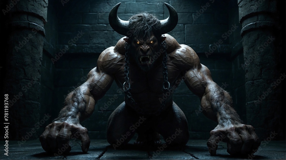 AI-generated illustration of a chained beast resembling Minotaur ...