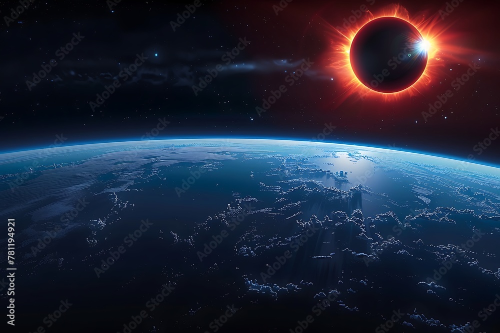 Earth and solar eclipse. Artwork of the Earth in space looking down ...