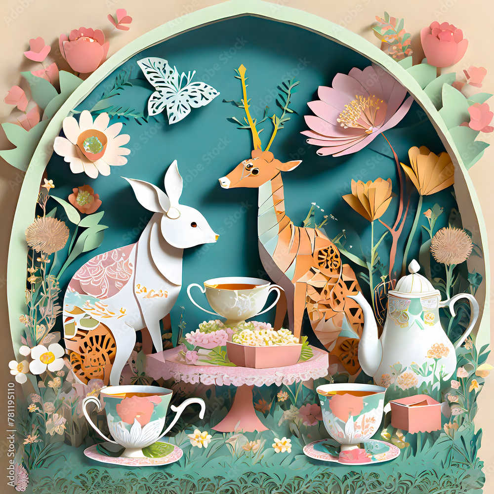 Papercut image of an enchanting garden tea party of cute cartoon ...