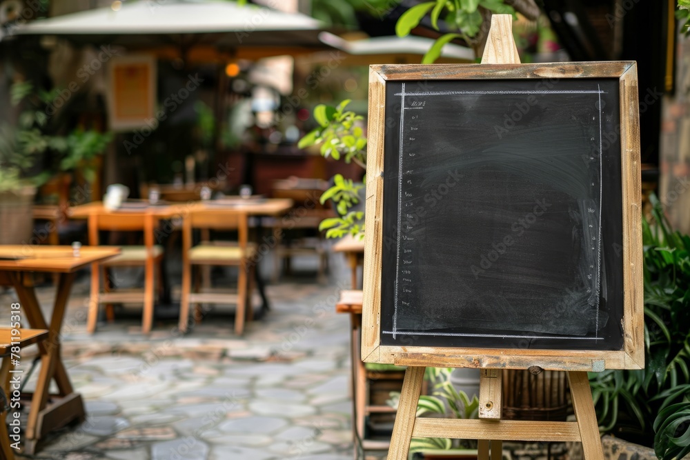 Blank blackboard restaurant shop sign or menu boards near the entrance ...