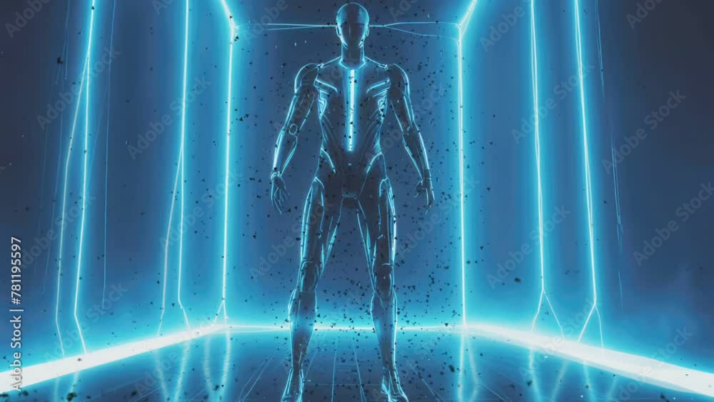 Wide angle of digital human figure standing in dark abstract cyber ...