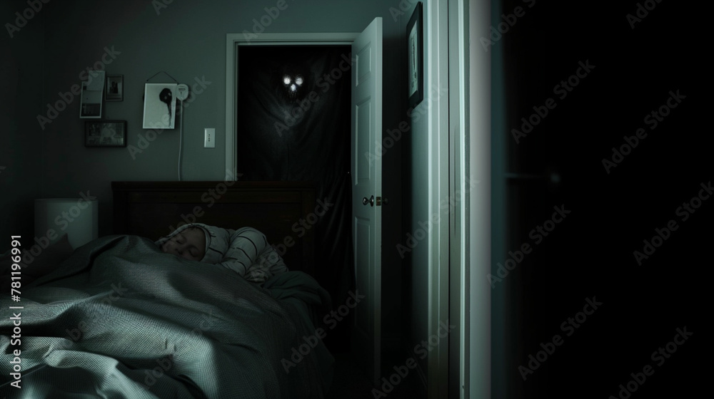 person sleeping in the room, with the door half open showing a monster ...