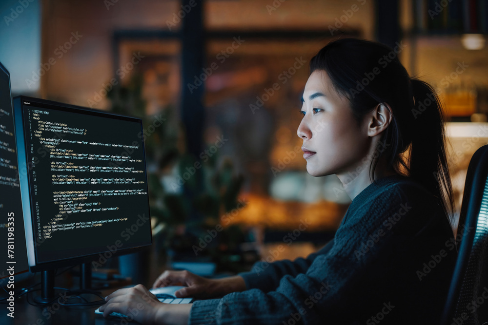 Asian programmer female coding on computer in her dark office room ...