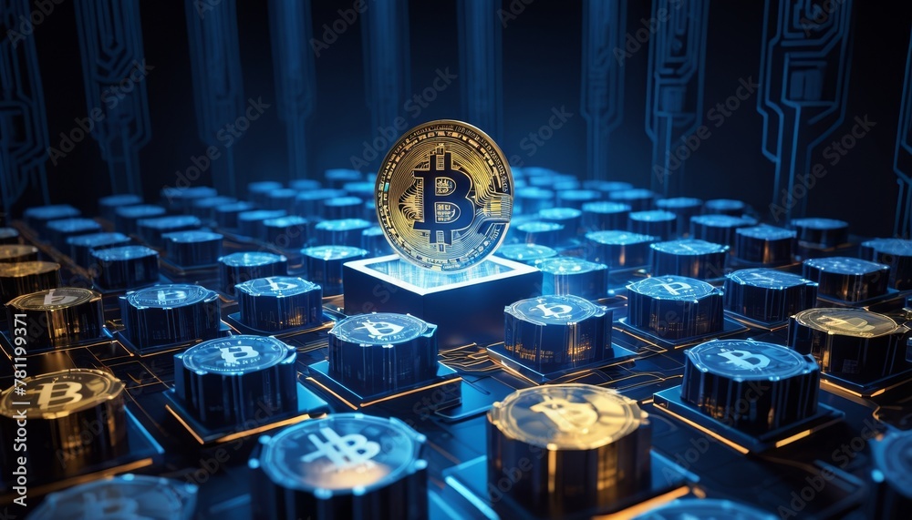 A symbolic Bitcoin coin centered on a network of connected digital ...