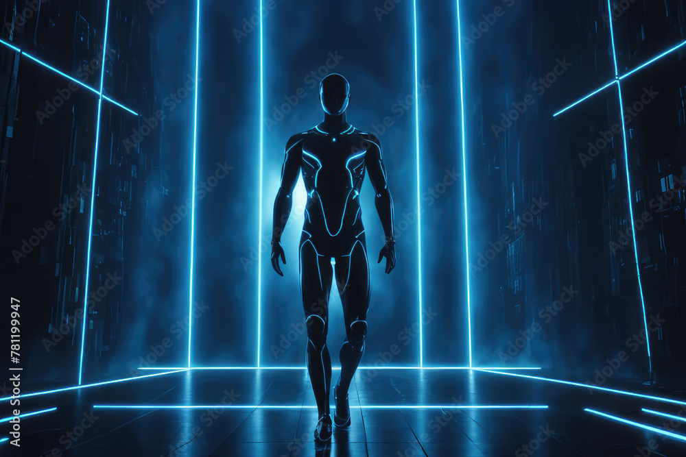 Wide angle of digital human figure standing in dark abstract cyber ...