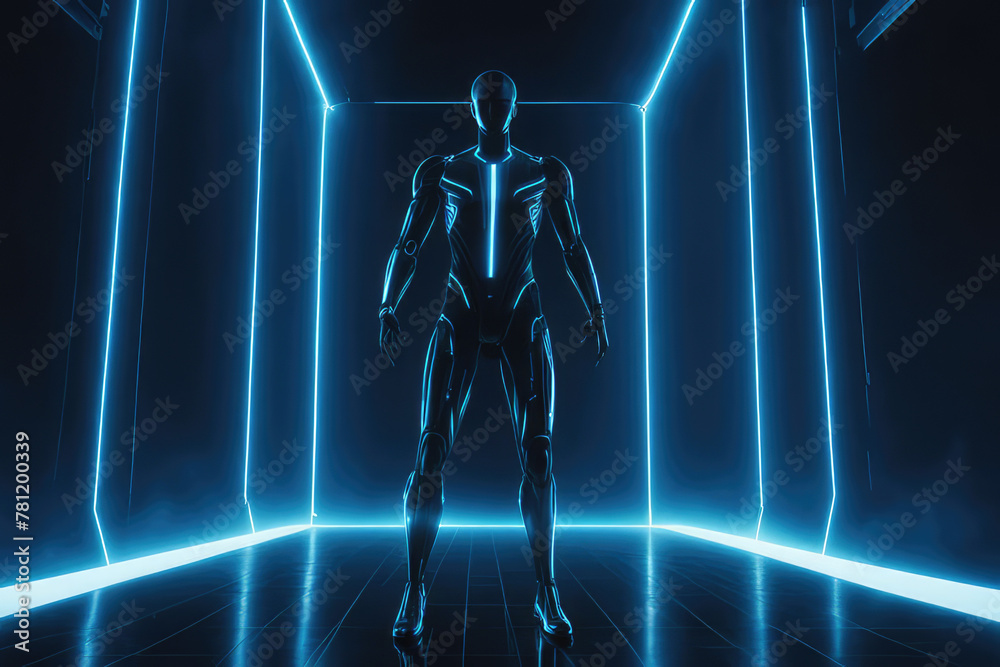 Wide angle of digital human figure standing in dark abstract cyber ...