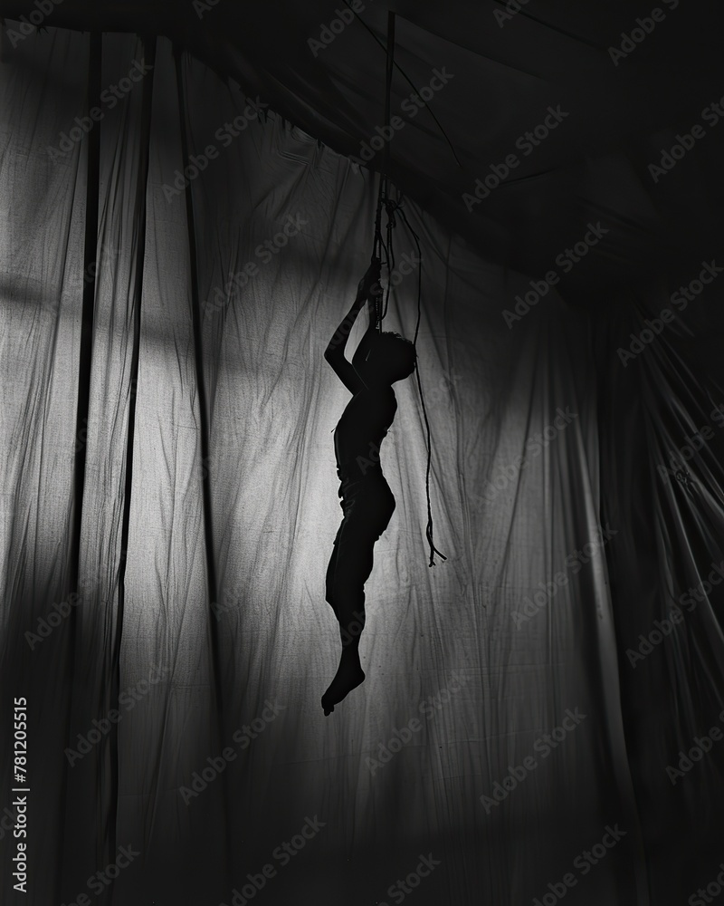 Solitary silhouette of a person hanging from a trapeze in a dimly lit ...