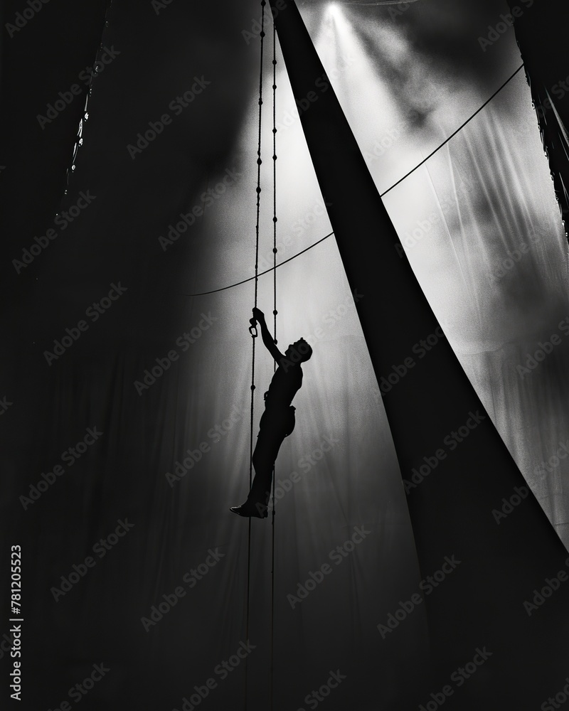 Solitary silhouette of a person hanging from a trapeze in a dimly lit ...