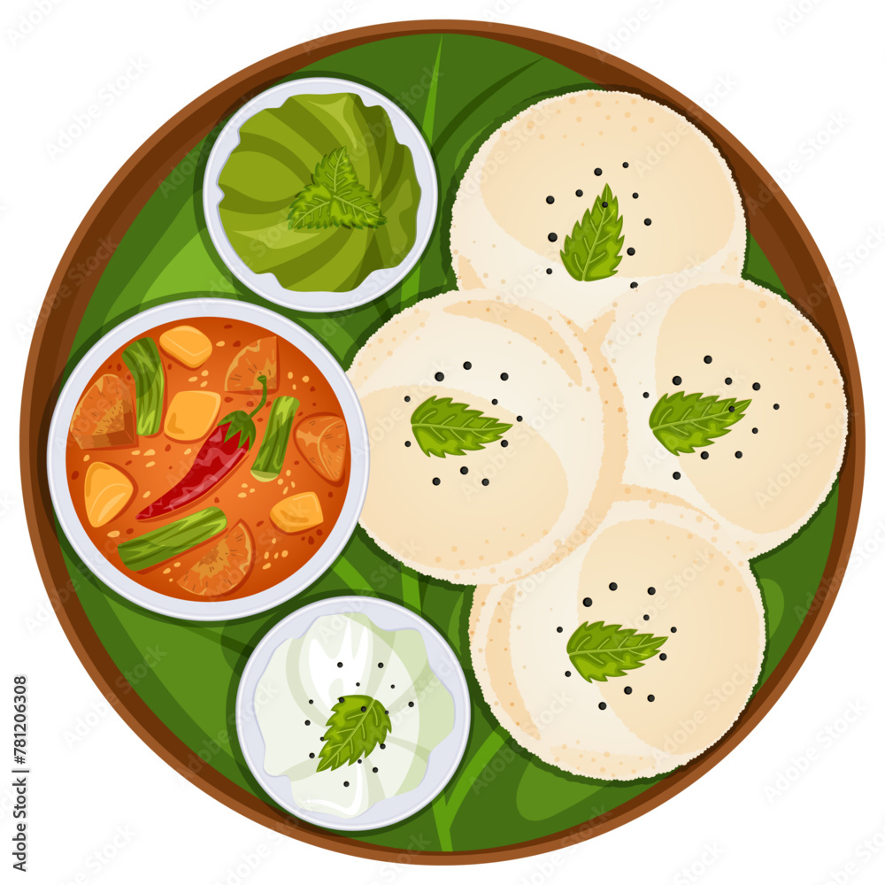 Idli with Sambar & Chutneys in Thali - Indian Food Top View ...