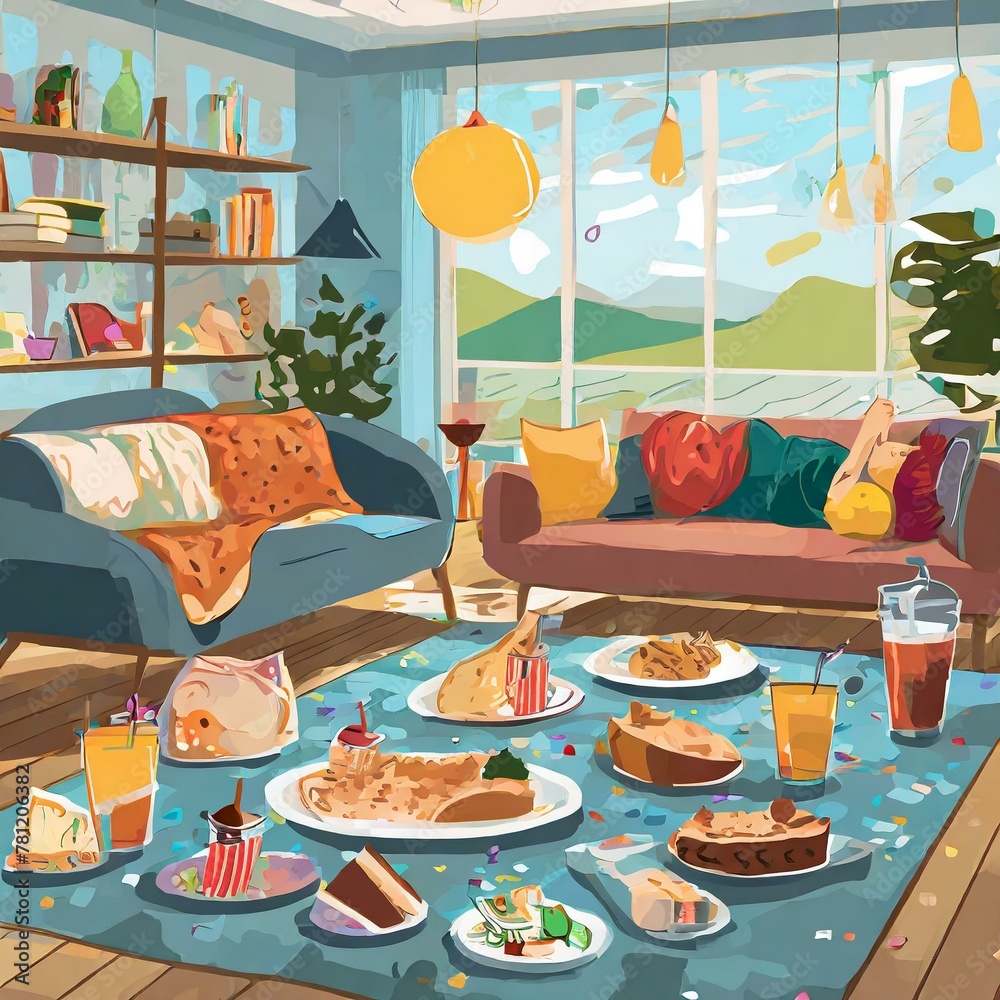 dessins d'un joli salon en dessin ia, très coloré avec restes de repas ...