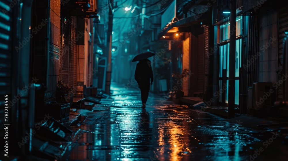 Lonely figure standing in a rain-soaked alleyway, dim streetlights ...