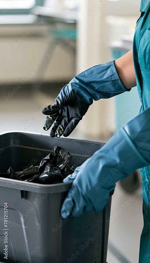 Hand wearing gloves disposing of biomedical waste. Healthcare and ...