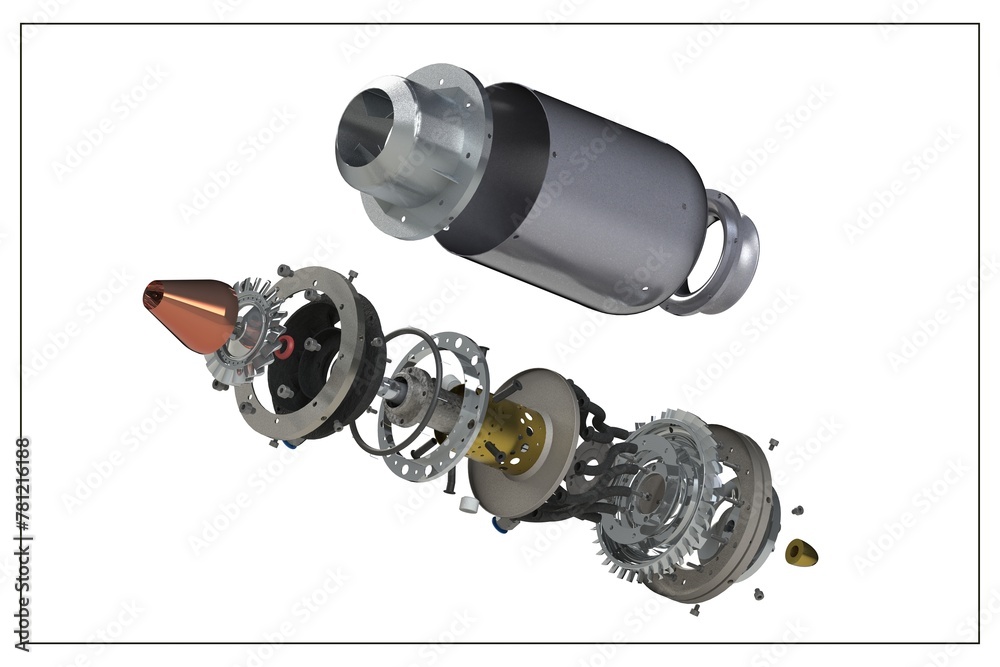 3D project of a jet engine with an exploded view. Stock Illustration ...